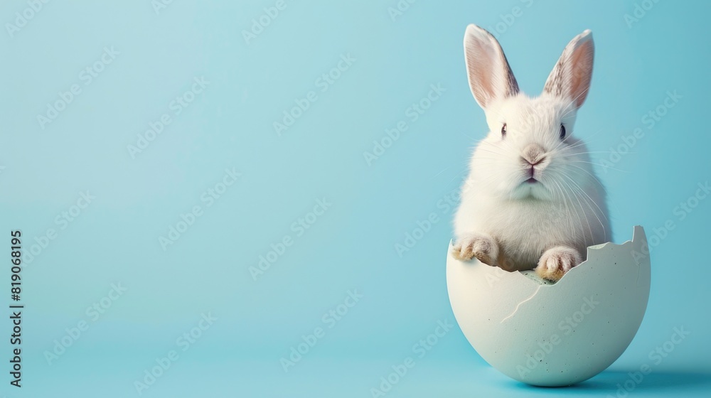 Easter rabbit, cute white bunny coming out of an opened egg on empty ...