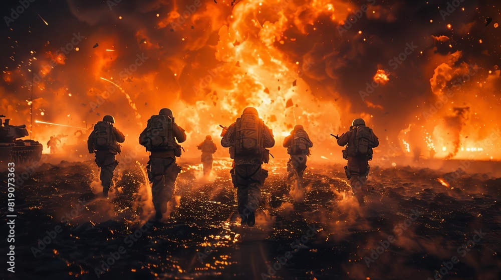 ten super soldiers running towards enermy tanks and artillery with fire ...