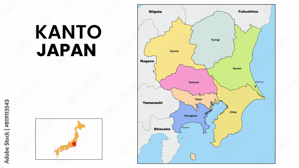 Kanto Map. State and district map of Kanto. Political map of Kanto with country capital. Stock ...