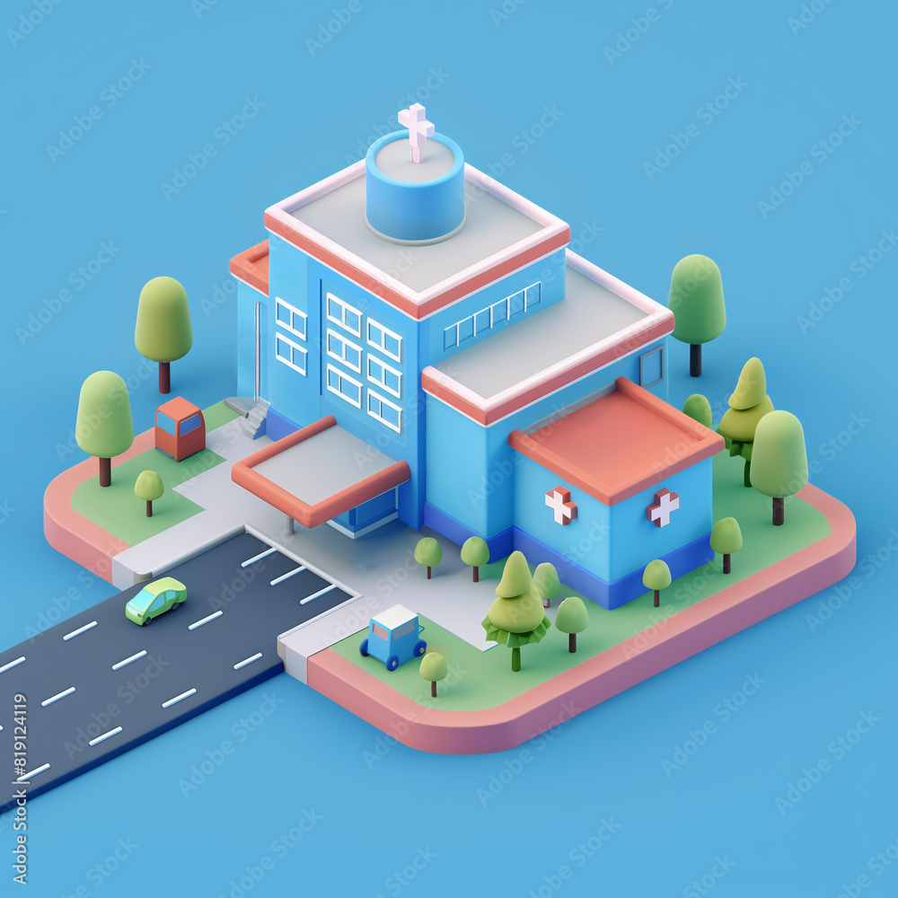 3D render modern hospital building with a blue exterior, surrounded by ...