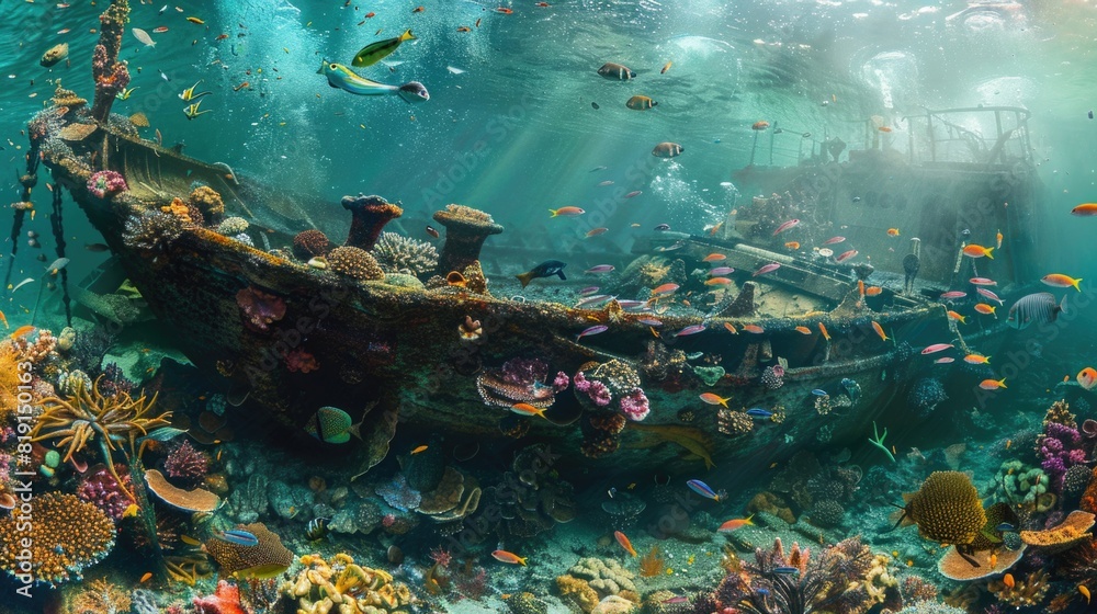 Marine life thrives around a sunken ship. Stock Illustration | Adobe Stock