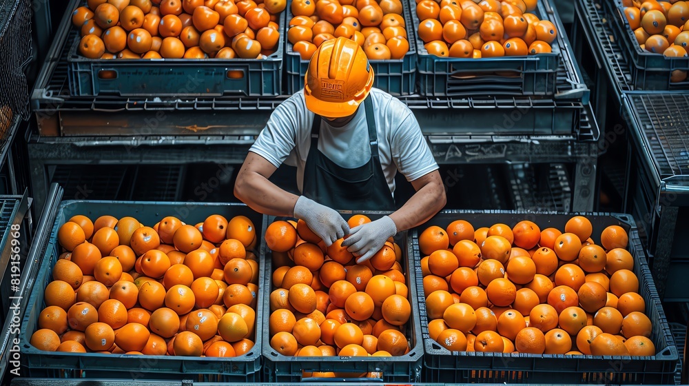 Worker in a warehouse sorting fresh oranges in crates, ensuring fruit ...