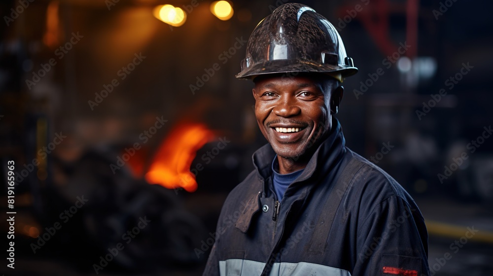 smiling african american steel factory worker in a hard hat and uniform ...