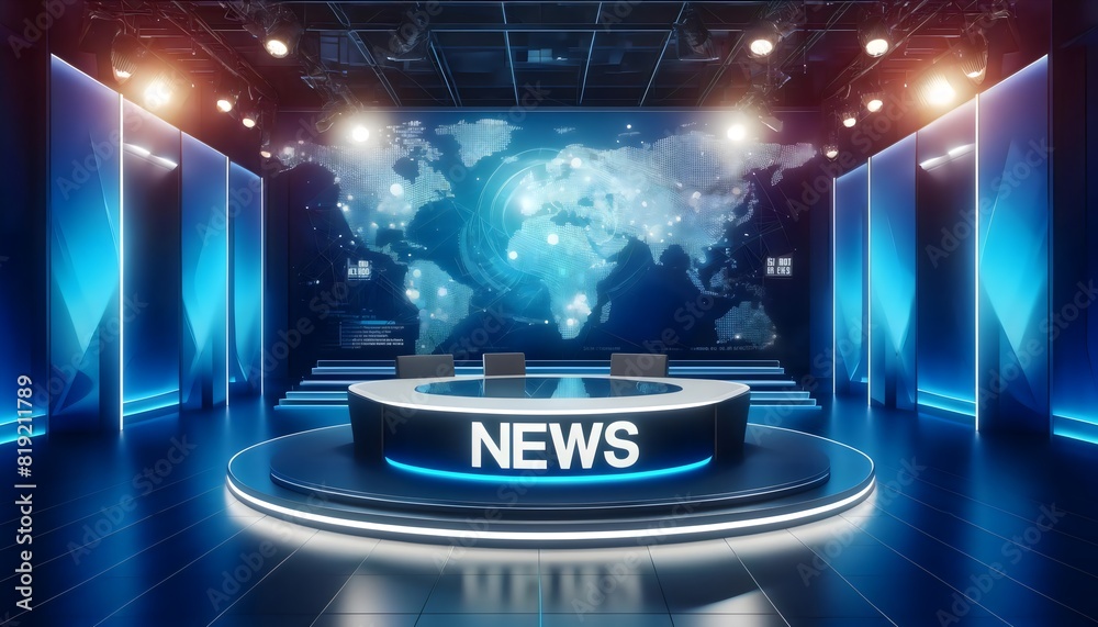 A modern and dynamic newsroom set, featuring a sleek news desk with the ...