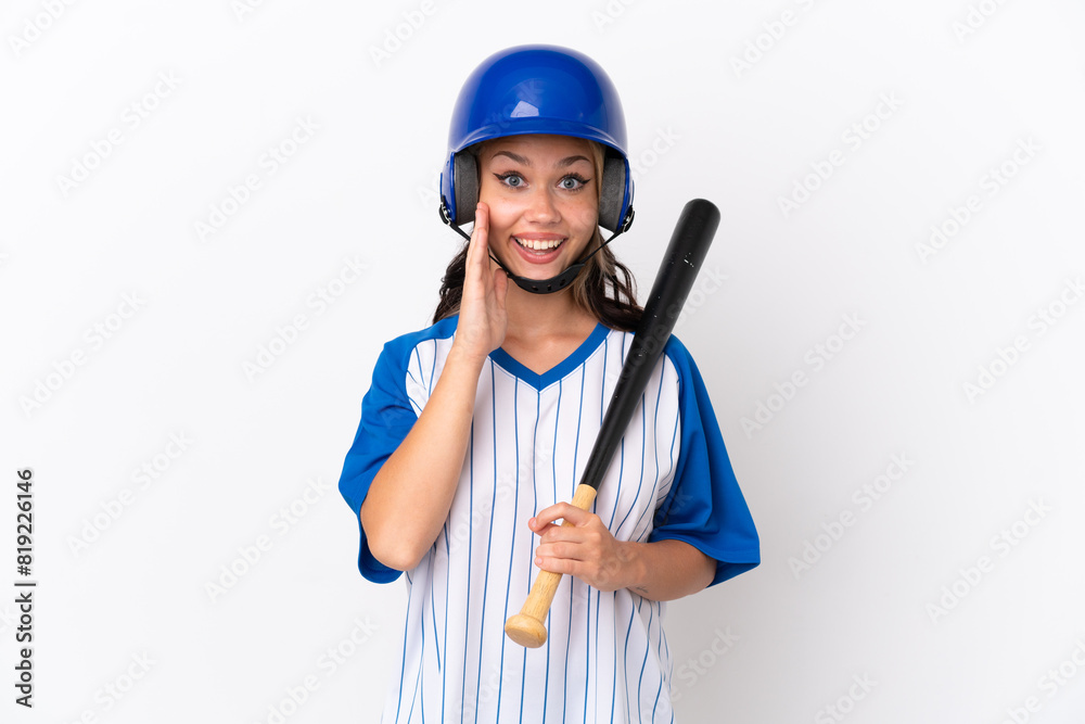 Baseball Russian girl player with helmet and bat isolated on white ...