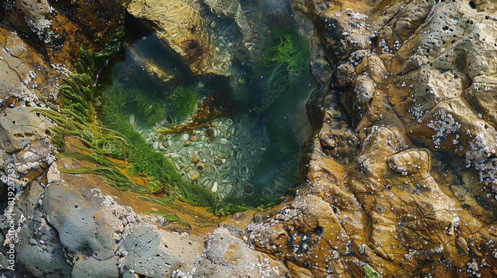 Beach rock pools with algae, coastal environment, greens and browns ...