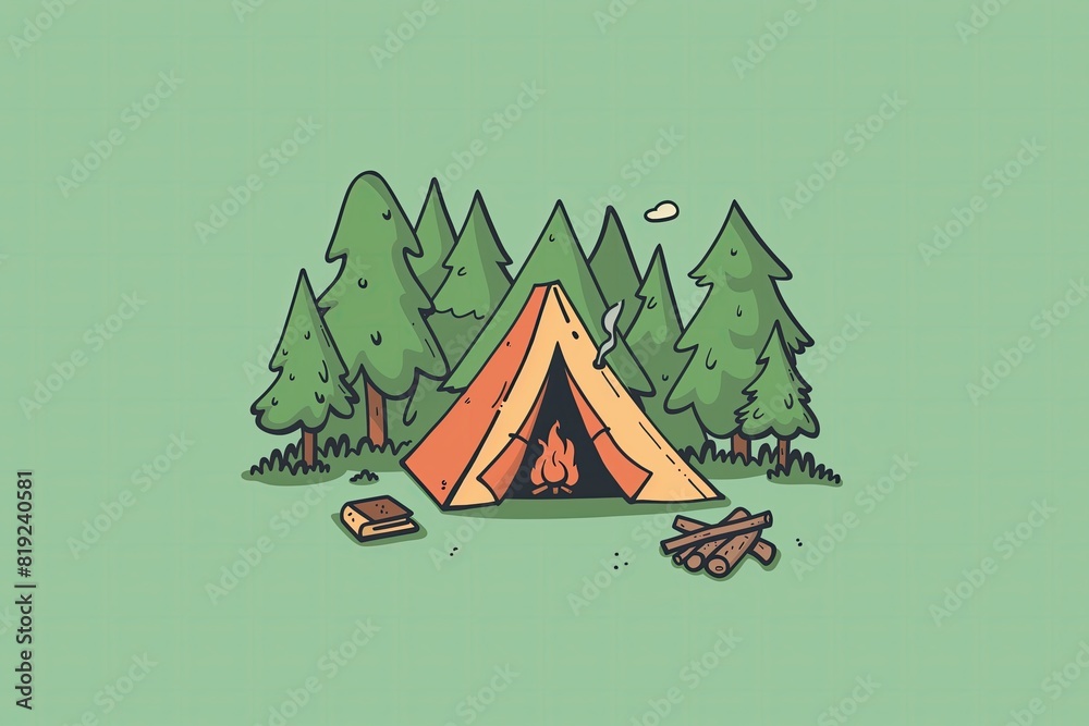 A cheerful 2D cartoon illustration of a tent pitched in the woods, with ...