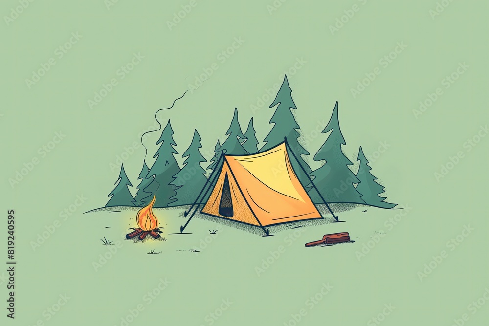 A cheerful 2D cartoon illustration of a tent pitched in the woods, with ...