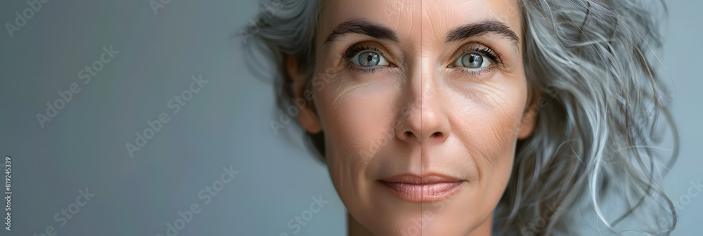 Portrait of mature woman with half smooth half aged skin. Concept ...