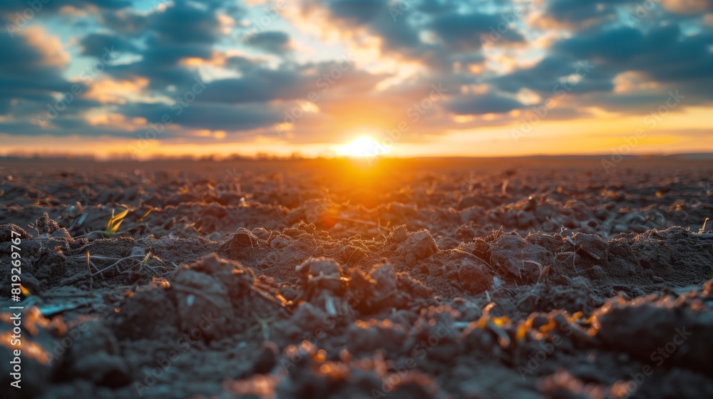 Breathtaking sunrise over a barren, plowed field, with dramatic clouds ...