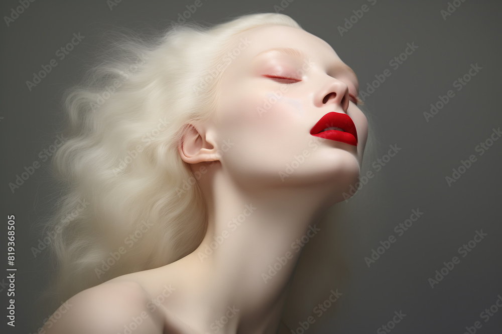 Studio portrait of a beautiful albino model in three-quarter profile ...