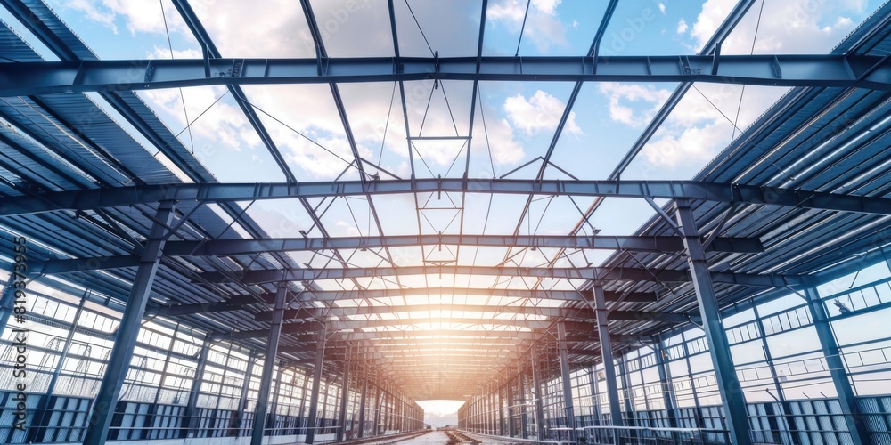 Structure of steel roof truss under the construction building with ...