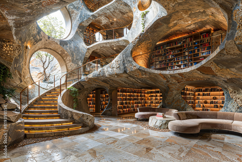 Geological library interior design, cave, luxury fantasy architecture ...