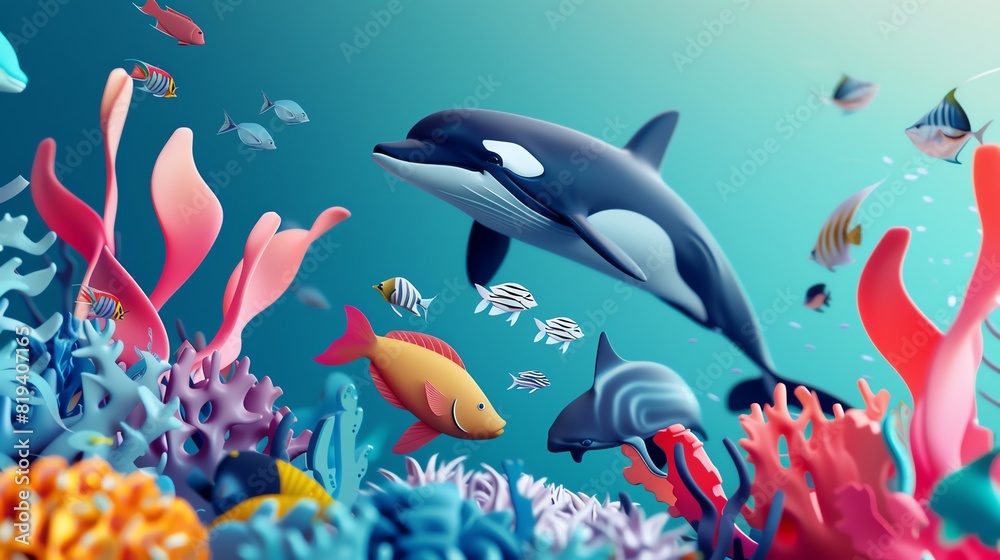 animals flat design front view marine life theme 3D render Split ...