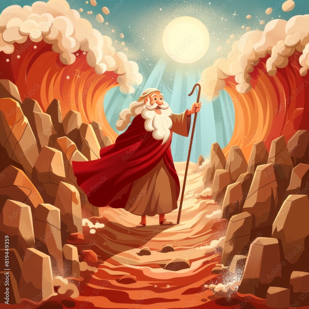Cartoon Illustration of Happy Moses Parting the Red Sea Stock ...