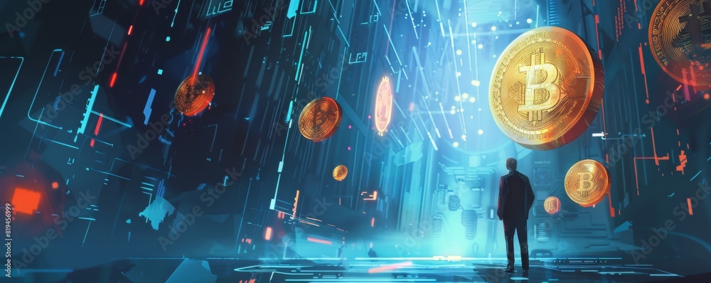The background is the digital environment of Bitcoin, with multiple ...