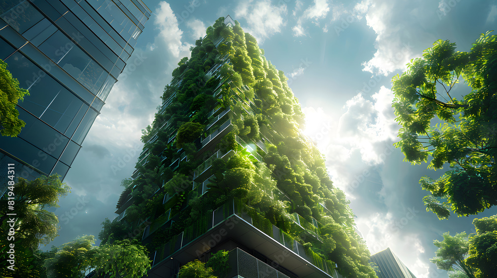 A towering skyscraper enveloped in dense greenery, integrating nature ...
