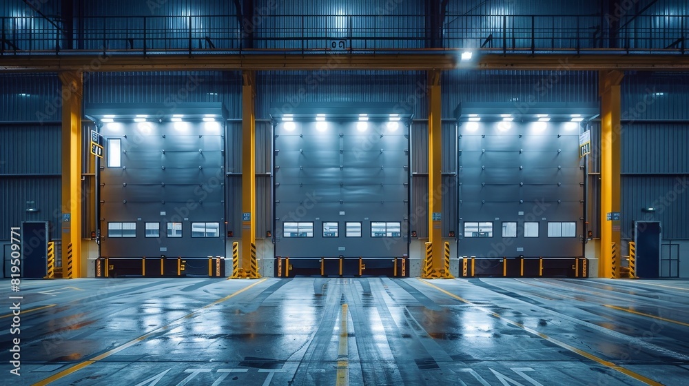 Empty modern warehouse with industrial lighting yellow pillars and ...