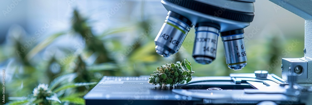 Scientist examining cannabis flower under microscope in laboratory ...