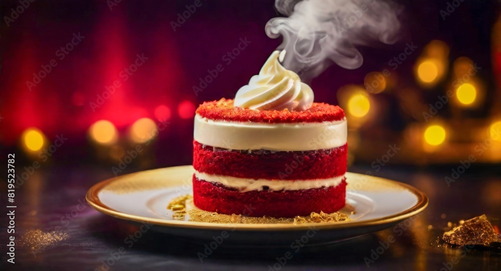 Decadent Red Velvet Cake with cream cheese frosting, neon bokeh lights ...
