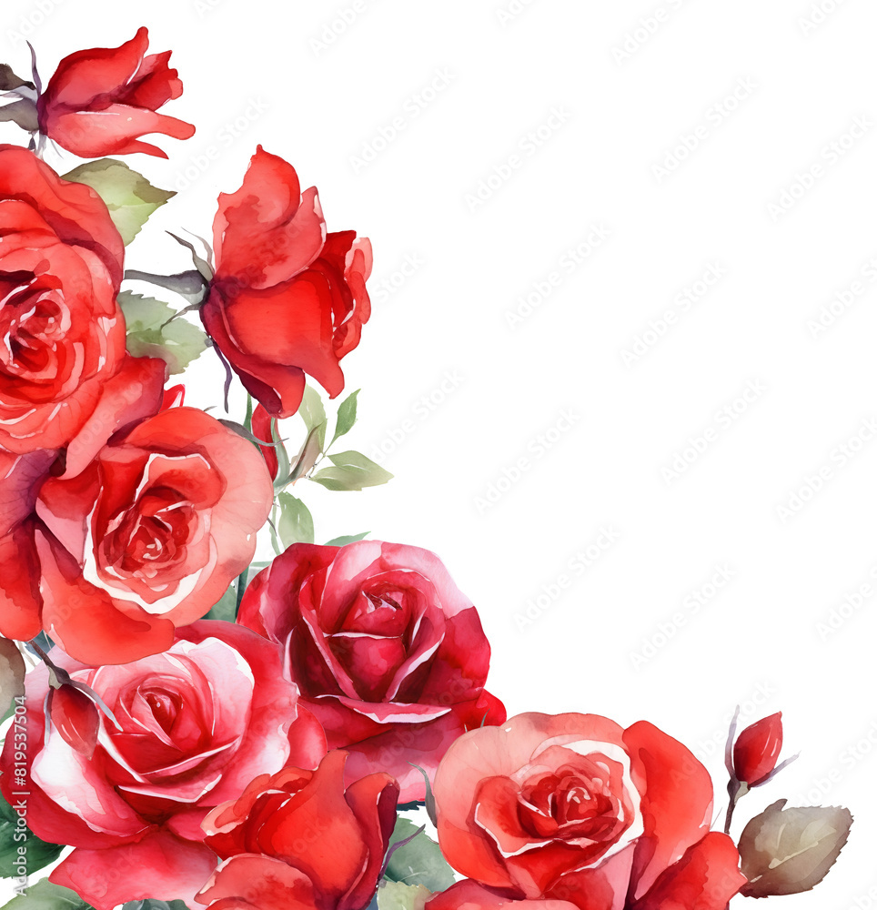 Floral border corner with red roses flowers. Watercolor illustration ...