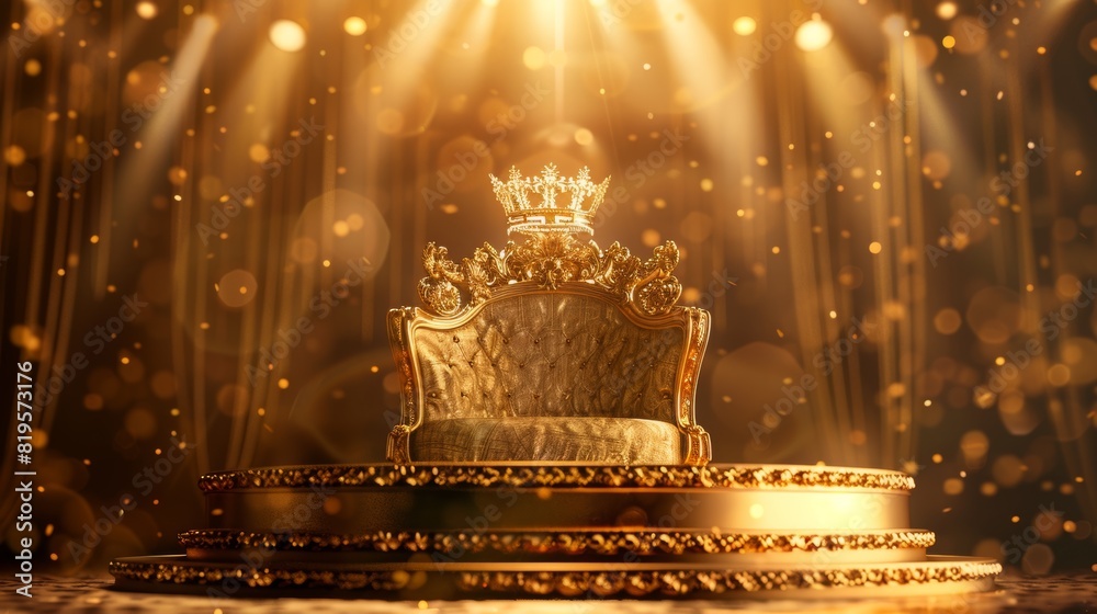 Majestic golden throne with crown in spotlight, luxurious royal seat ...