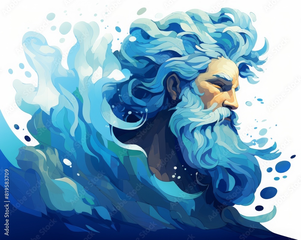 Artistic ing of a mythical sea god with flowing blue beard and hair ...