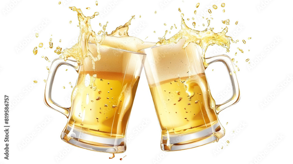 Two beer mugs clinking together with beer splashing out on a white ...