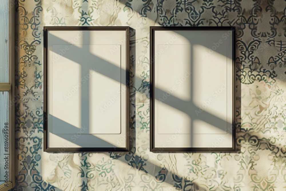 2 vertical advertising blank mockups on patterned wall. Indoors OOH out ...