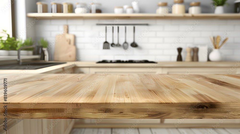 Wood table top on blur kitchen counter (room)background.For montage ...