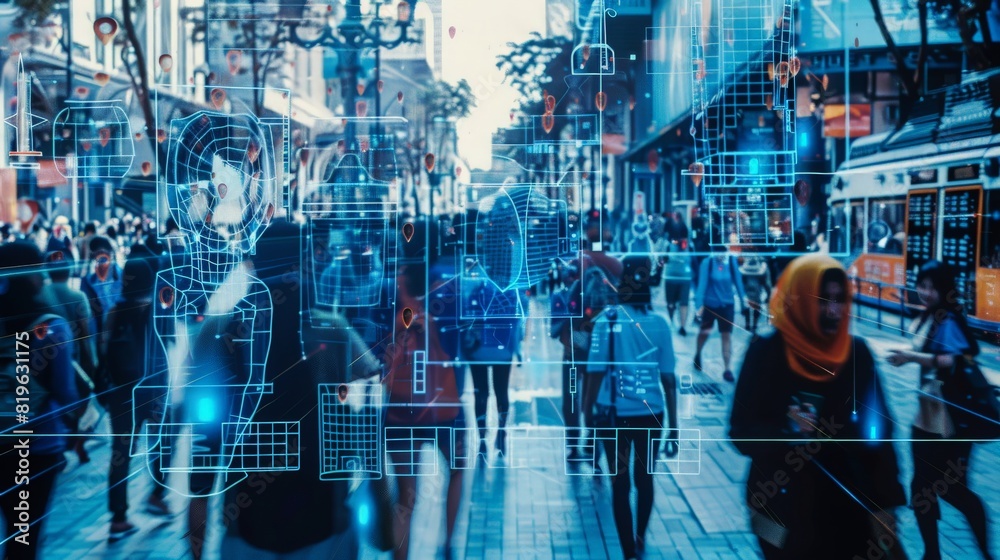 Elevated Security Camera Surveillance Footage of a Crowd of People ...