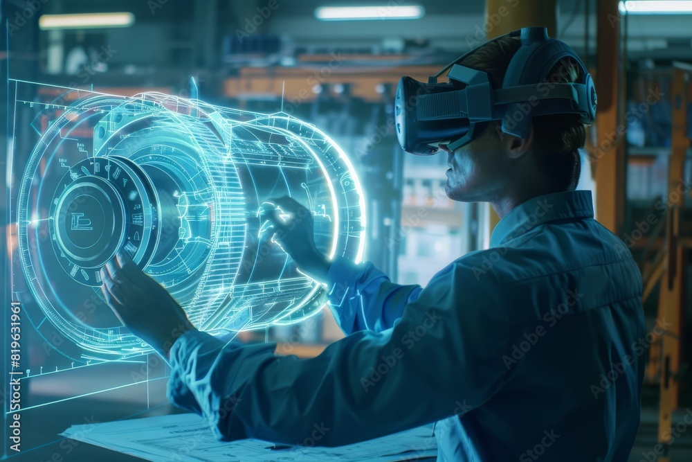 Industrial Factory Chief Engineer Wearing AR Headset Designs a ...