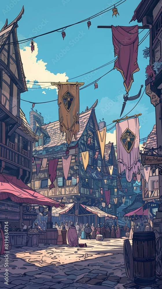 Vector Art of a MMORPG guild gathering, minimalist style, with detailed ...