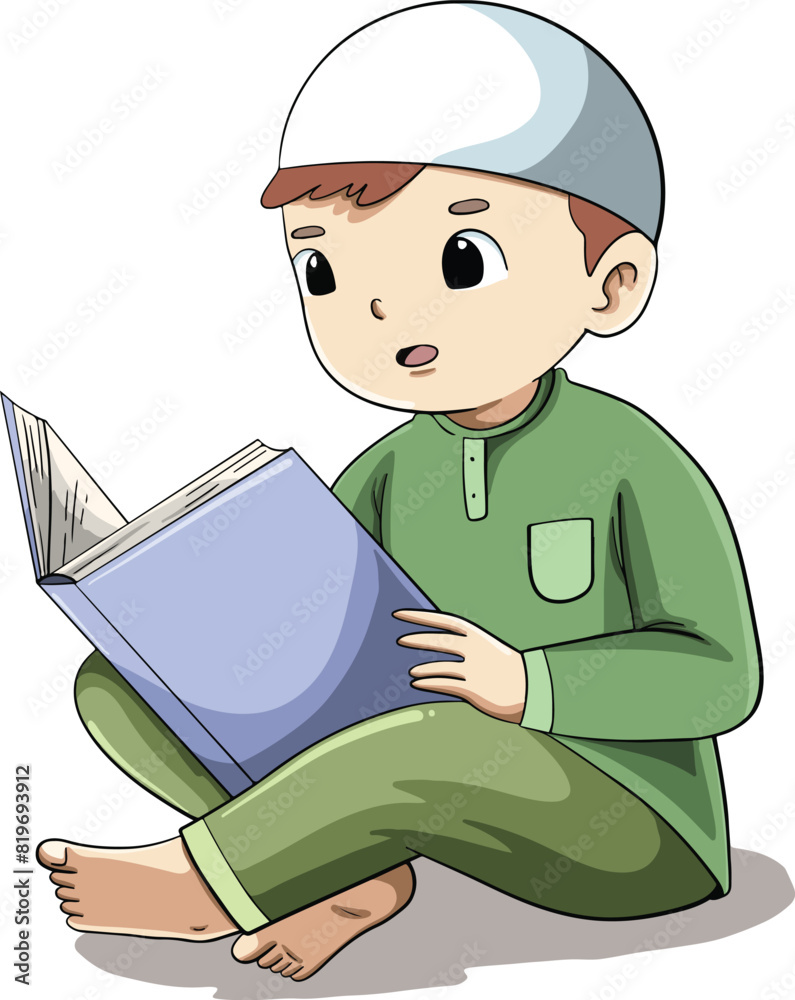 cartoon illustration design of a boy sitting reading and reciting the ...