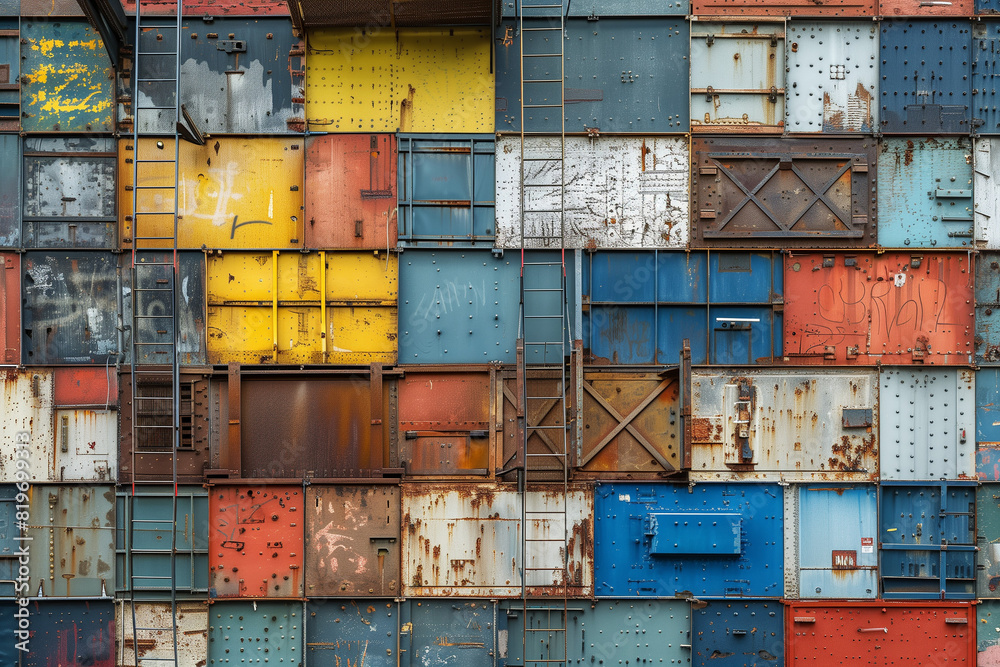 urban wall of rusted and colourful shipping containers stacked on top ...