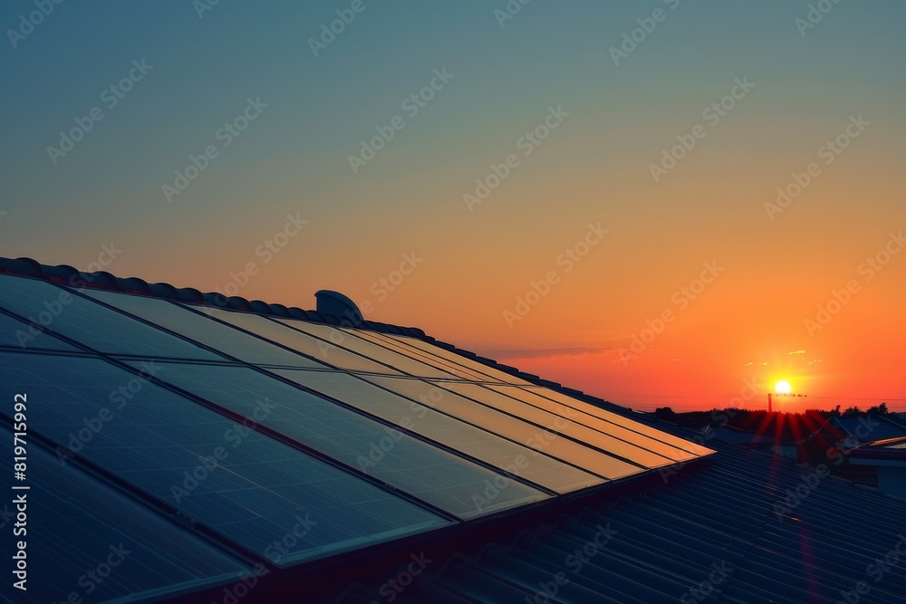 Solar panels installed on a roof, sunset sky - 3D 4k animation ...