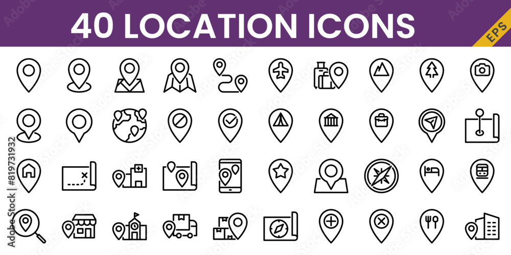 40 location icons in line style including map, direction, gps, compass ...