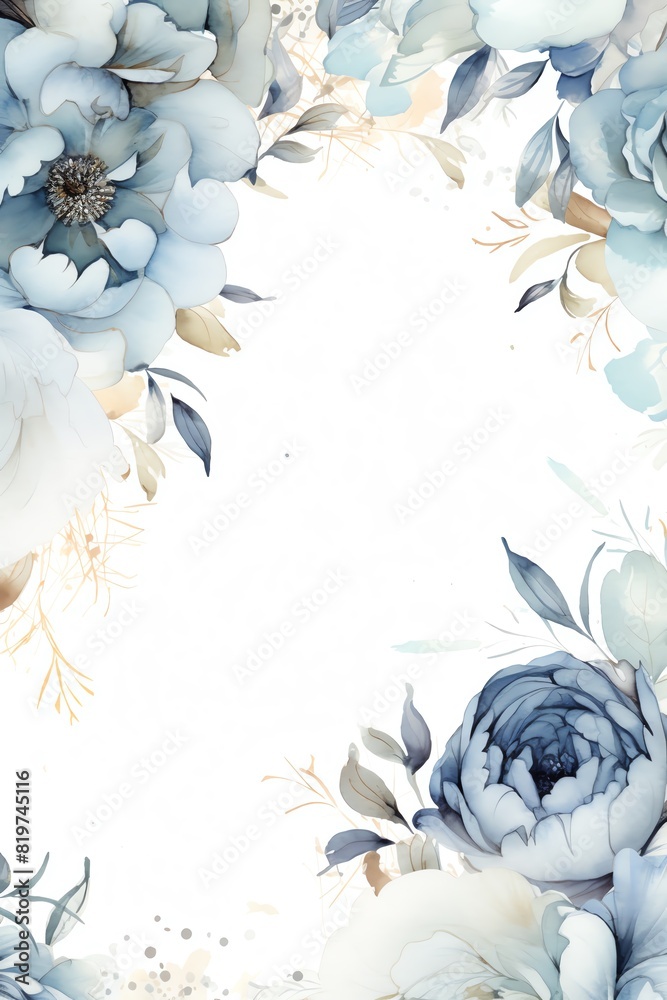 An elegant floral frame with watercolor blue and gray flowers and gold ...