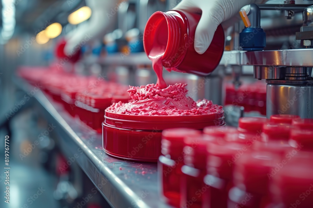 Hard mechanism of packing ready beauty cream into red container A ...