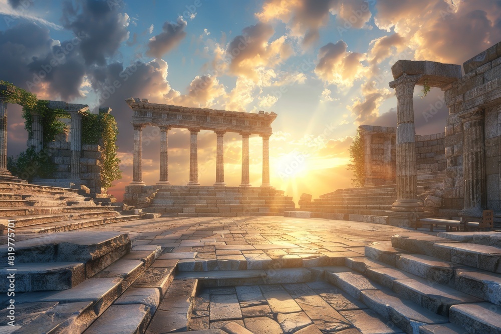 Ancient Greco-Roman hall interior with a circular stone podium ...
