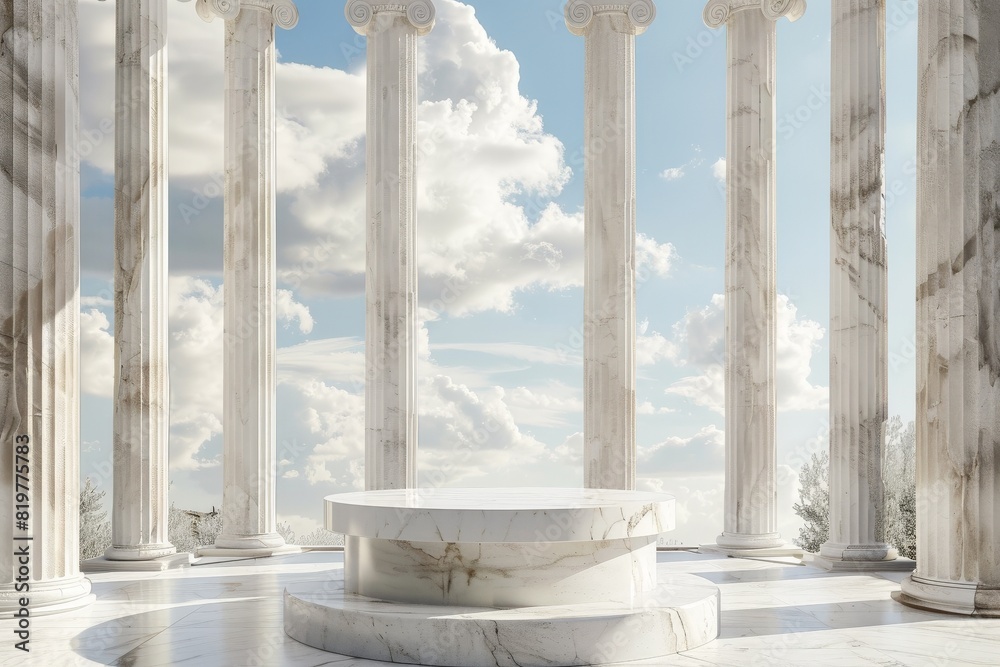 Ancient Greco-Roman hall interior with a circular stone podium ...