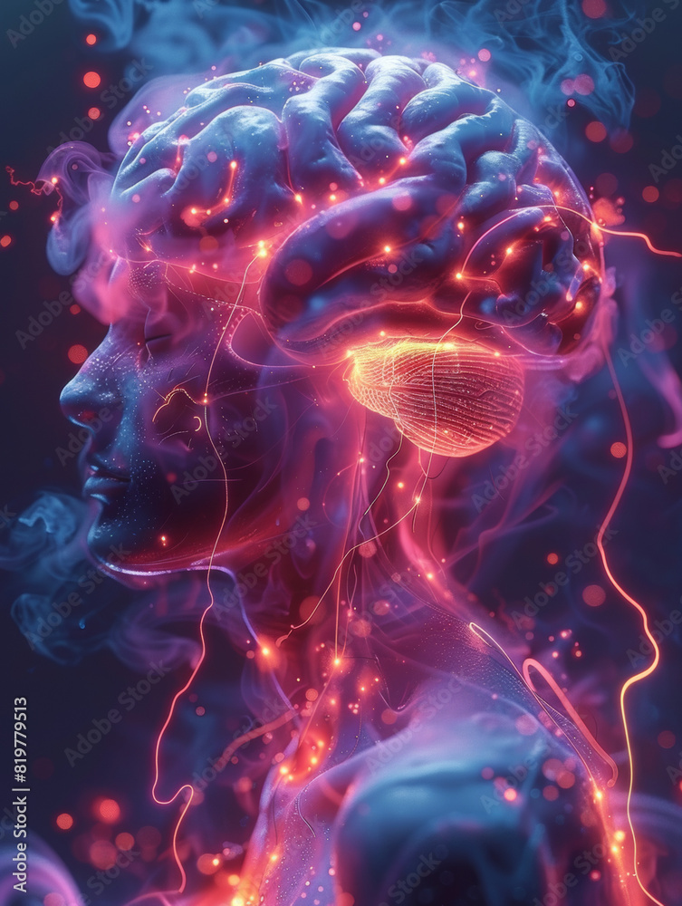An artistic representation of a human brain emitting pain stimuli. The ...