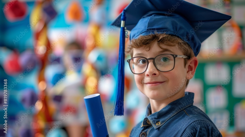Curious 12-Year-Old Graduating Boy Peeking from Under Graduation Cap in ...