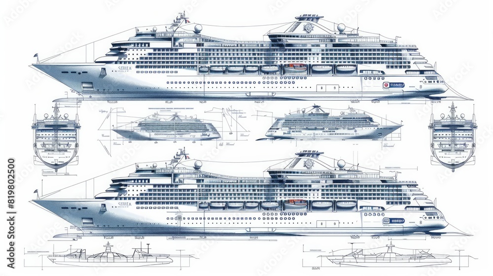 blueprints, drawing of Cruise ship isolated on white background, modern ...