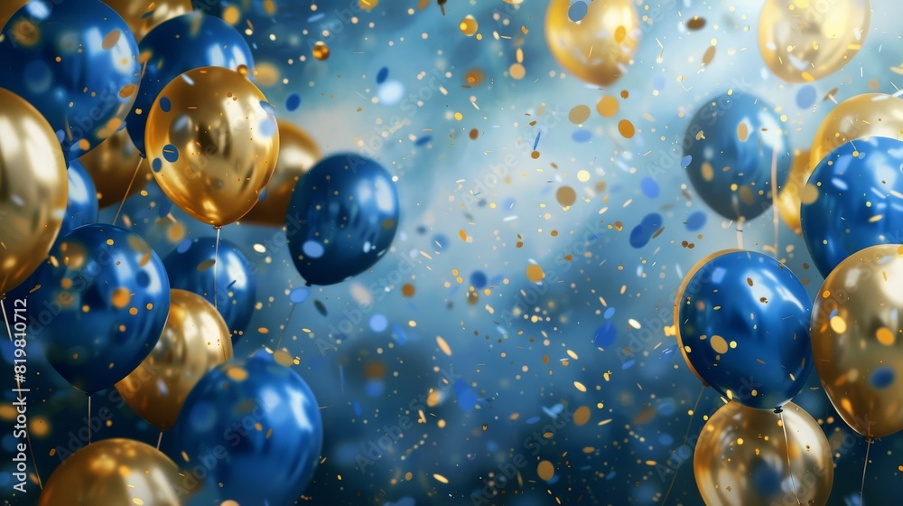 Graduation party scene, festooned with blue and gold balloons ...