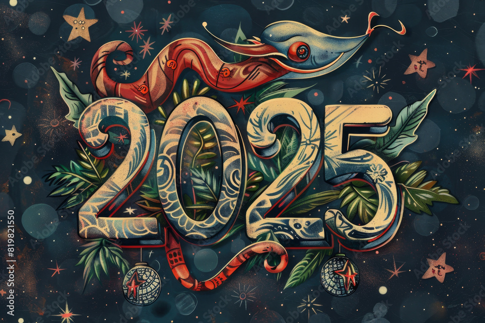 Vintage 2025 drawing, tattoo sketch Hand Drawn Numbers, New Year 2025 ...