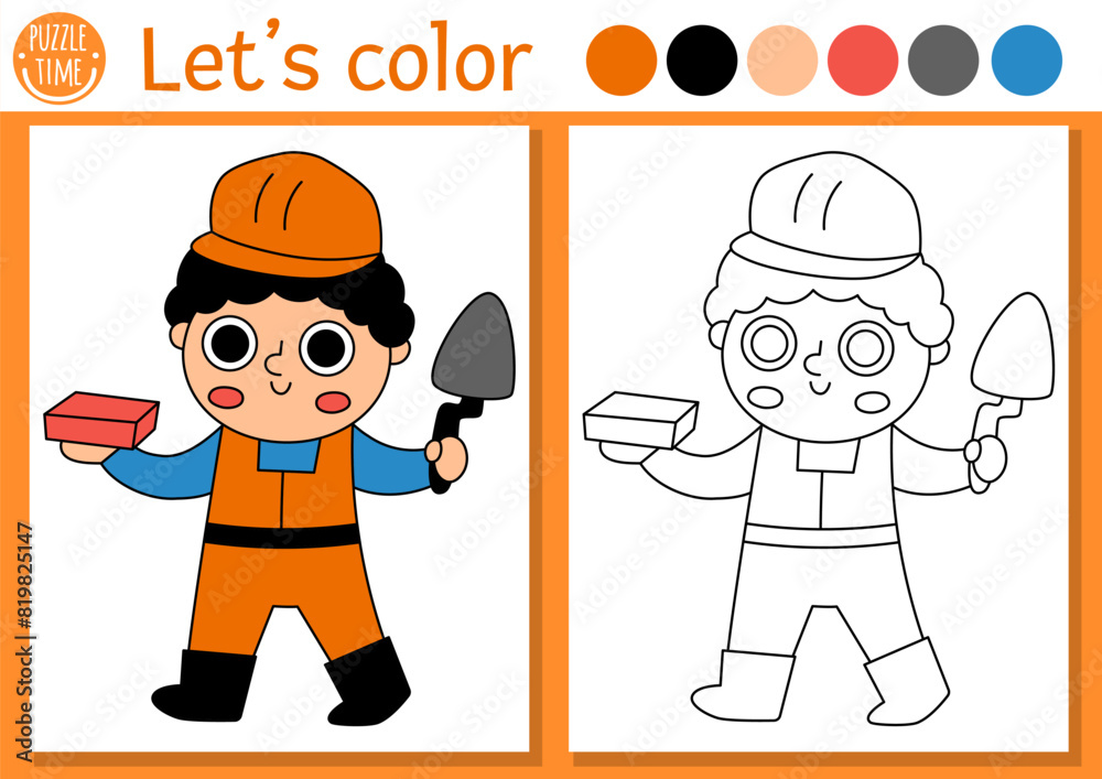 Construction site coloring page for children with builder holding ...