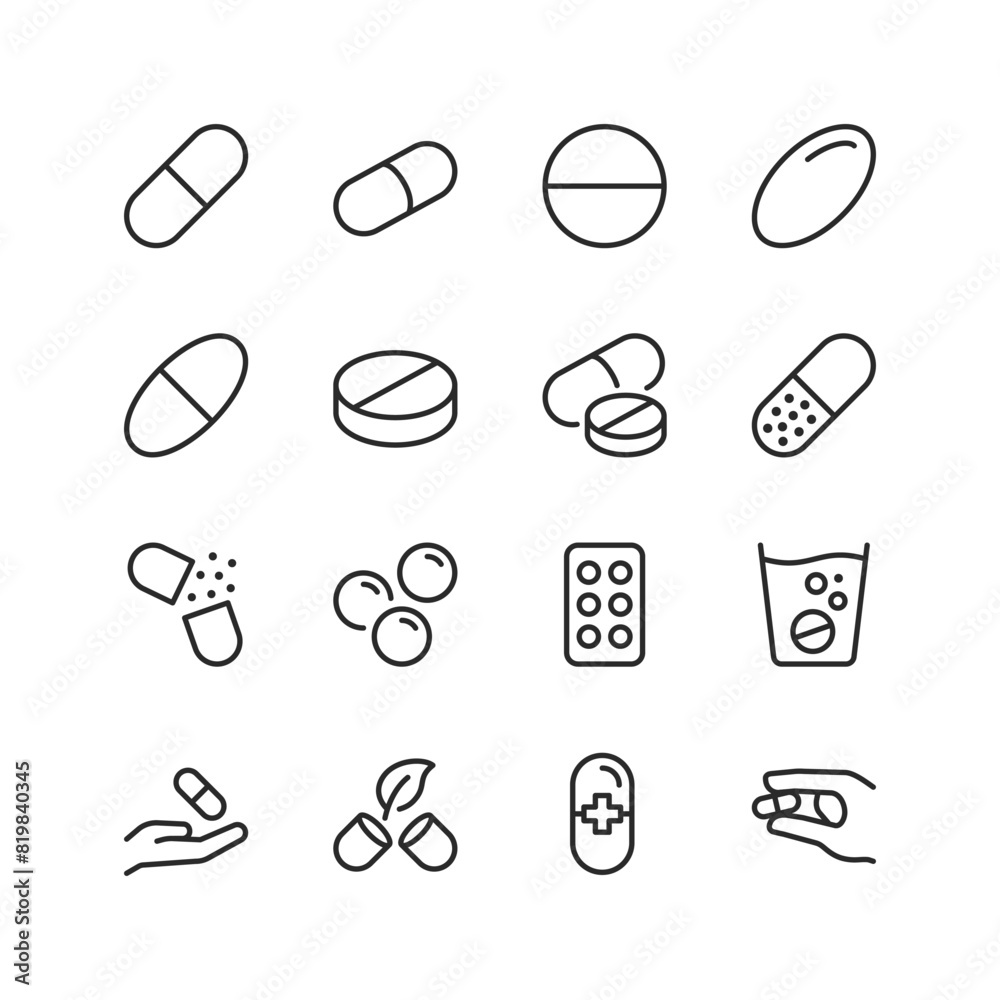 Pills and Tablets, linear style icon set. Various shapes and forms of ...