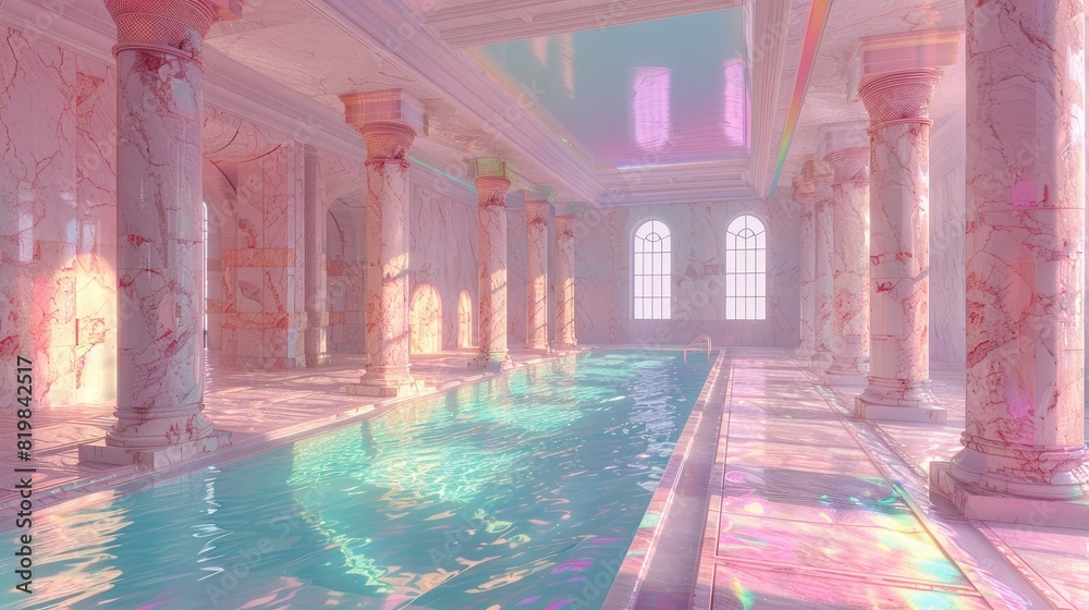 vintage 3D render, marble tiles, pillars, iridescent pool, bryce ...