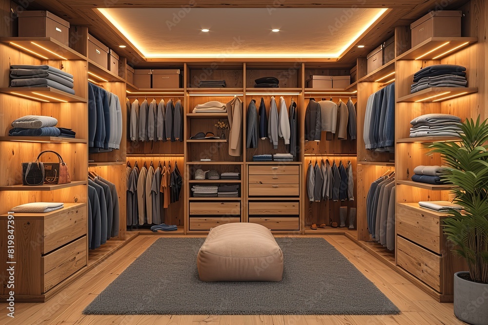 Modern minimalist men walk in wardrobe with clothes hanging on rods ...
